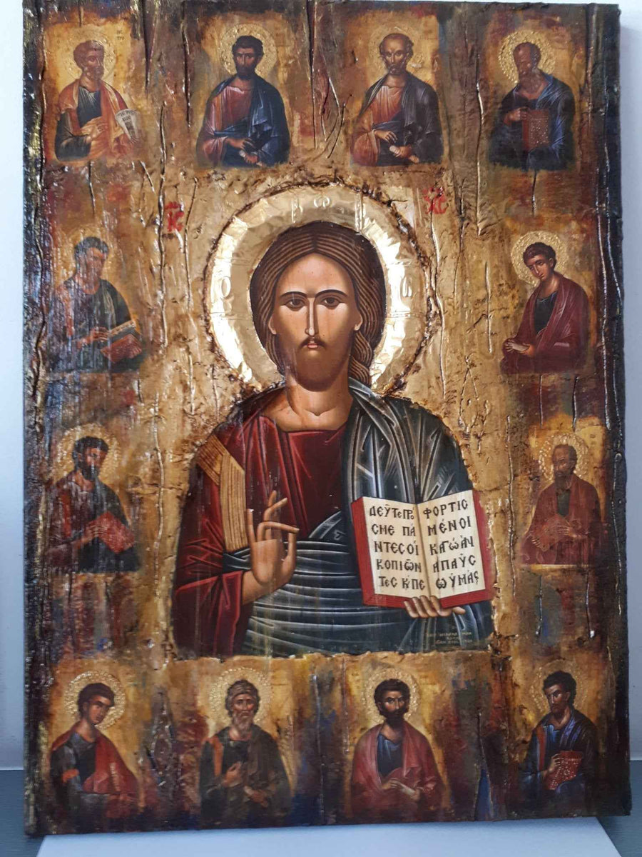 Jesus Christ The Blessed with 12 Apostles Icon-Orthodox Greek Byzantine ...
